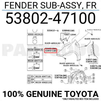 5380247100 Genuine Toyota FENDER SUB-ASSY, FR 53802-47100 | eBay