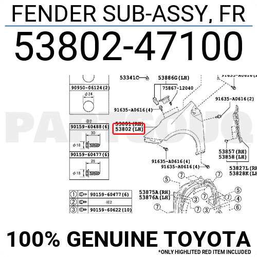 5380247100 Genuine Toyota FENDER SUB-ASSY, FR 53802-47100 | eBay