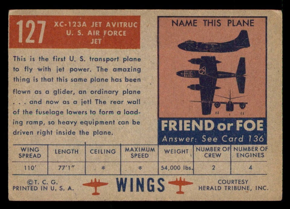 1952 Topps Wings #127 XC-123A Jet Avitruc VG | eBay