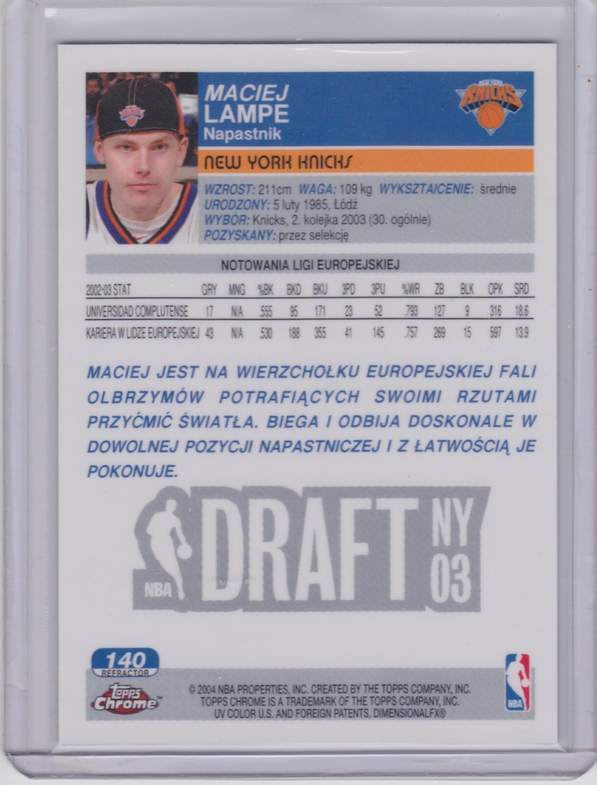 MACIEJ LAMPE 2003-04 TOPPS CHROME RC ROOKIE REFRACTOR NBA CARD | eBay ...