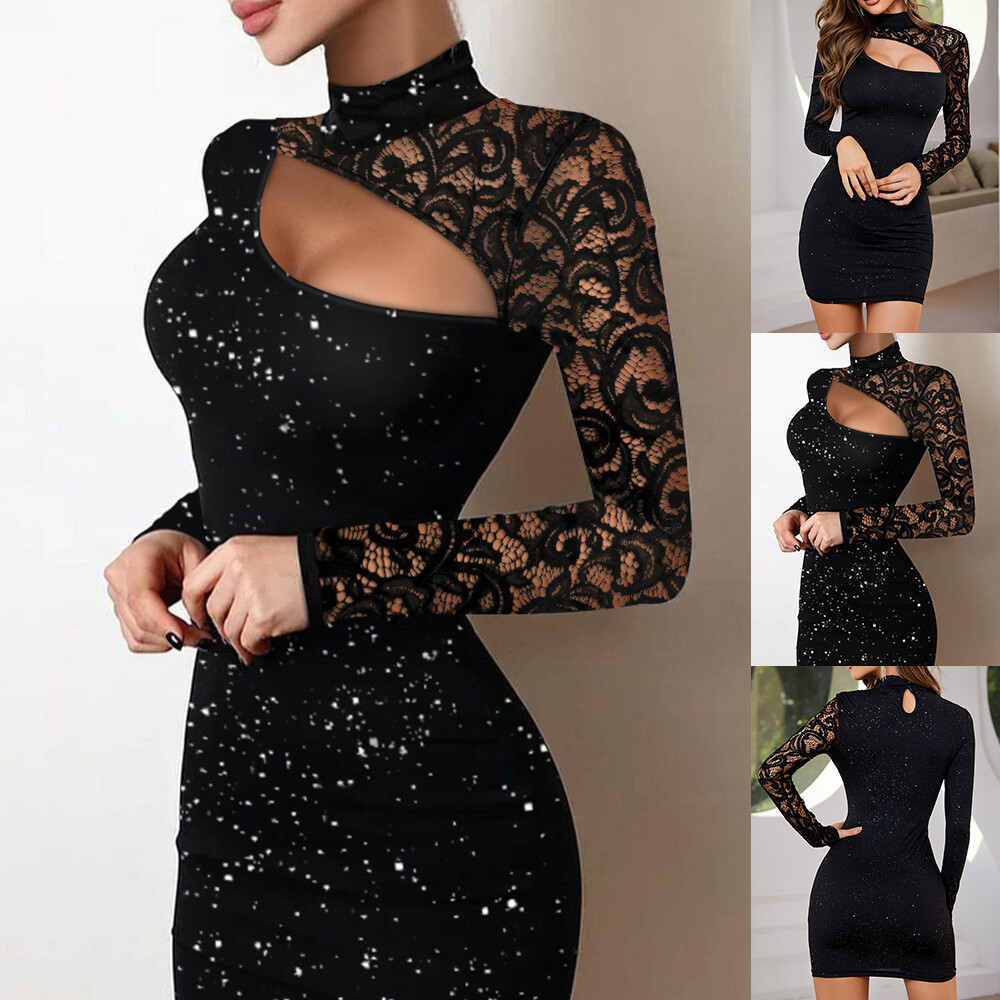 Women Sexy Lace Long Sleeve Mini Dress Evening Party Cocktail Night ...