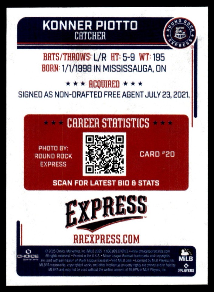 2025 Konner Piotto Choice Minor League Rookie Round Rock Express | eBay