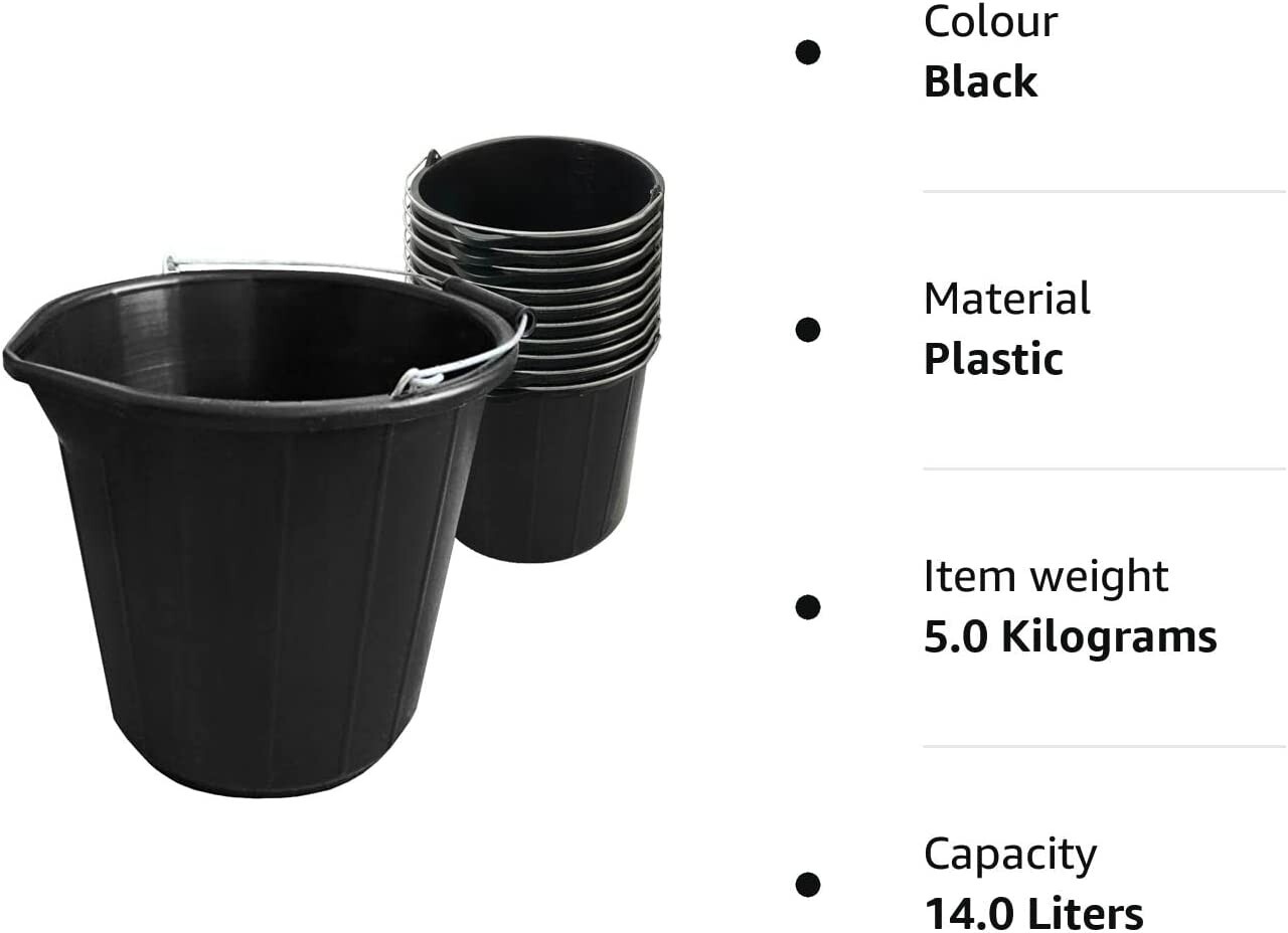 3x Black Buckets 3 Gallon 14L Strong Builders Bucket (MADE IN UK ...