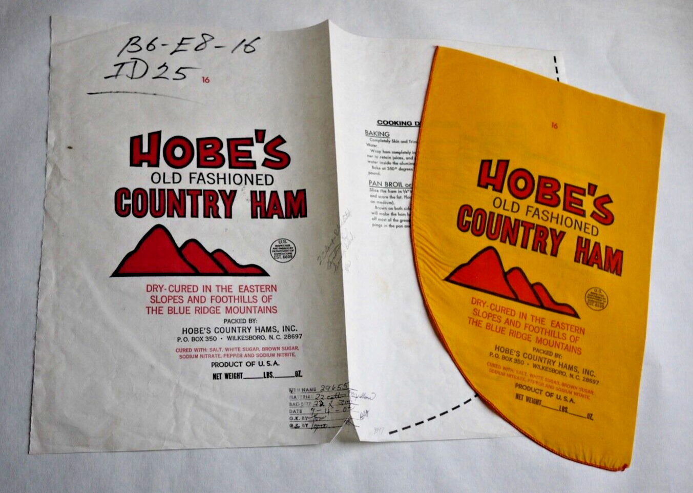 PAIR Vintage Paper / Cloth Bags - HOBE'S COUNTRY HAM, WILKESBORO NC ...