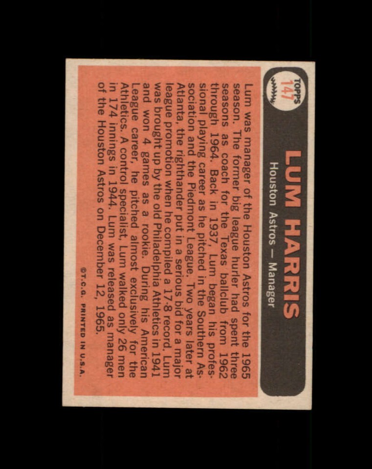 1966 Topps Baseball #147 Lum Harris MG STARX 6 EX/MT (CS107916) | eBay
