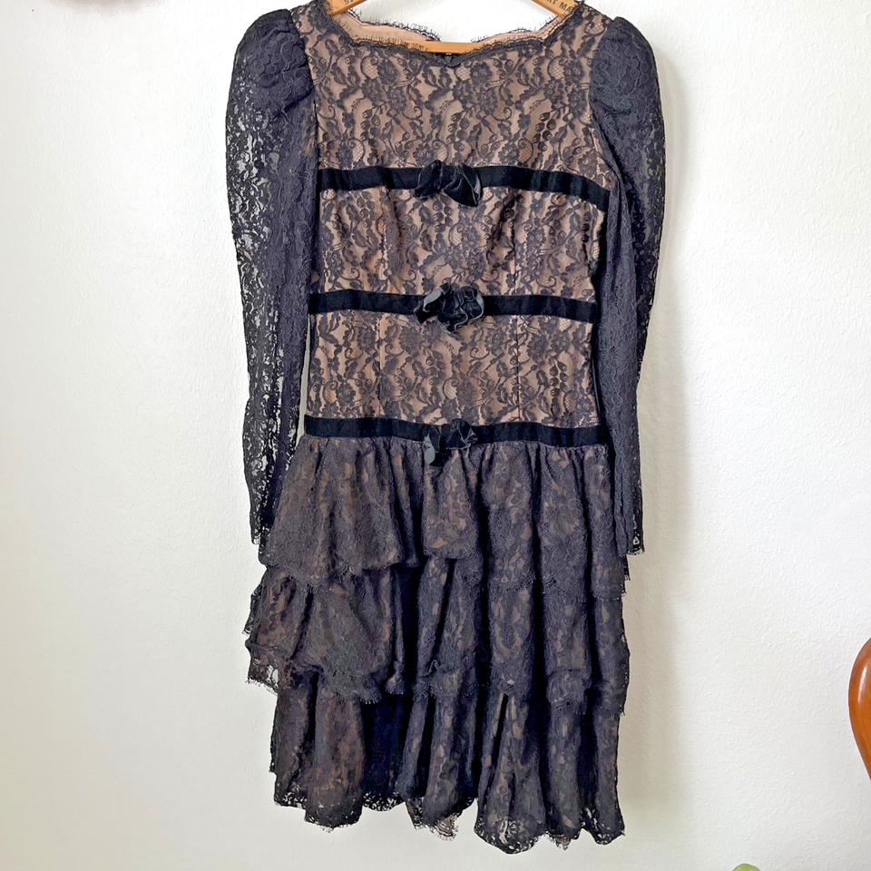 Vtg 80s Miss D Oscar de la Renta couture black lace ruffle dress goth whimsy | eBay