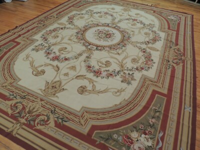 10x14 10x13 French Aubusson Needlepoint Area Rug Floral Beige Brown Red ...