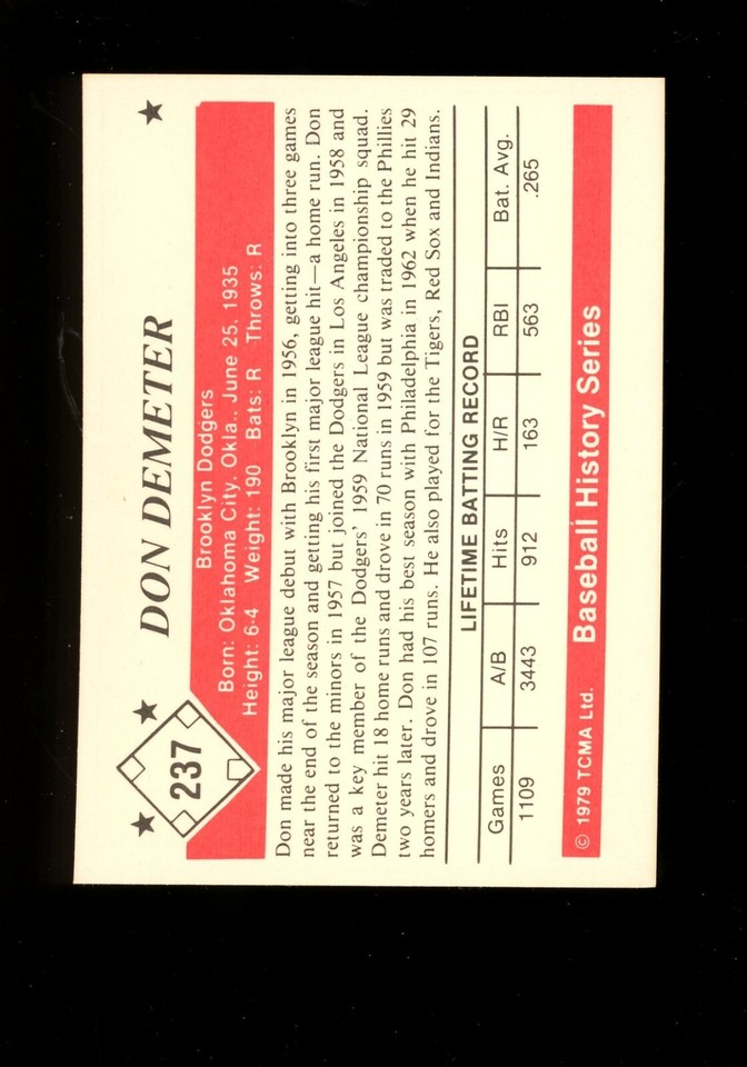 1979 TCMA #237 Don Demeter Brooklyn Dodgers Set Break | eBay