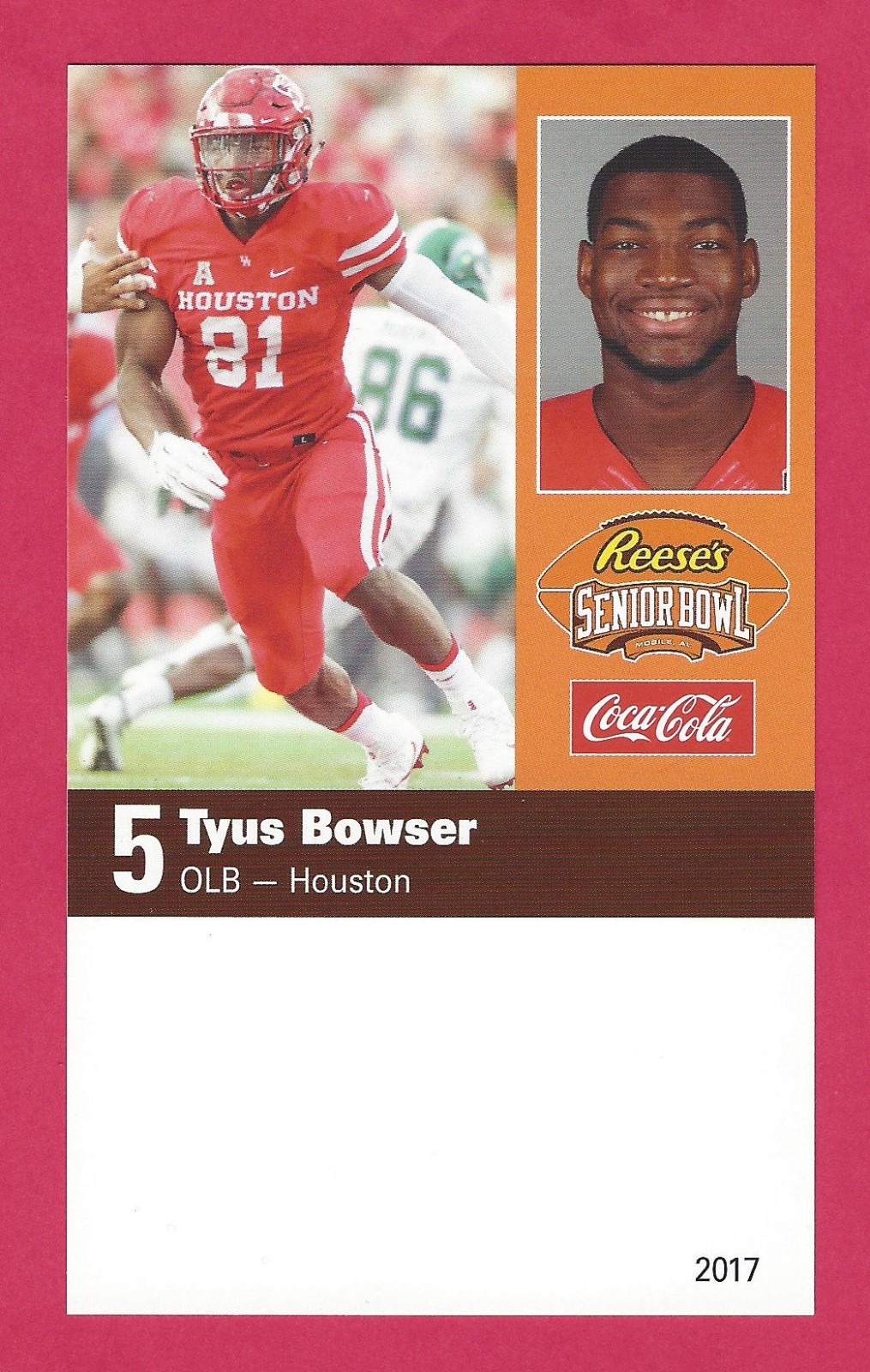 TYUS BOWSER 2017 SENIOR BOWL RC HOUSTON COUGARS ROOKIE CARD BALTIMORE ...