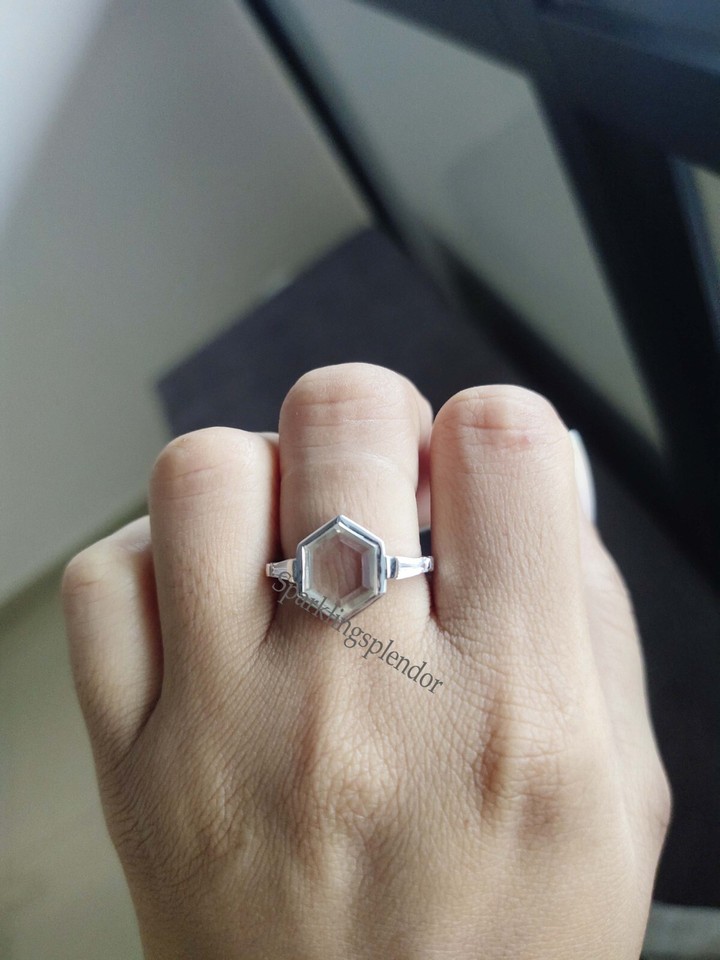 Hexagon Shape Portrait Cut Moissanite Engagement Ring Bezel Set 3 Stone ...