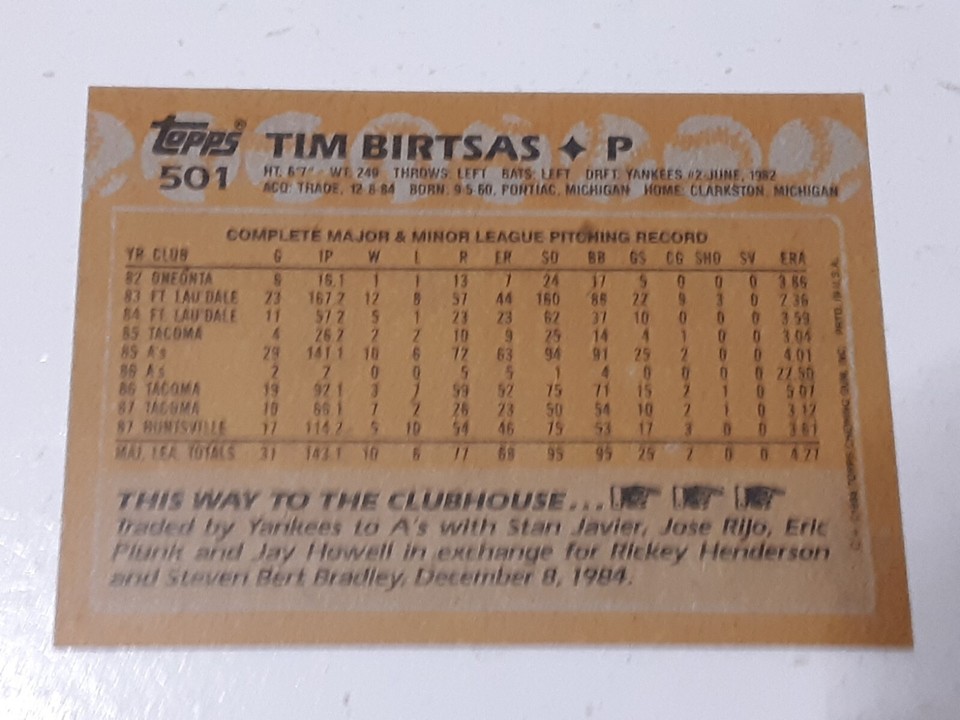 Tim Birtsas Oakland Athletics 1988 Topps Card #501 | eBay