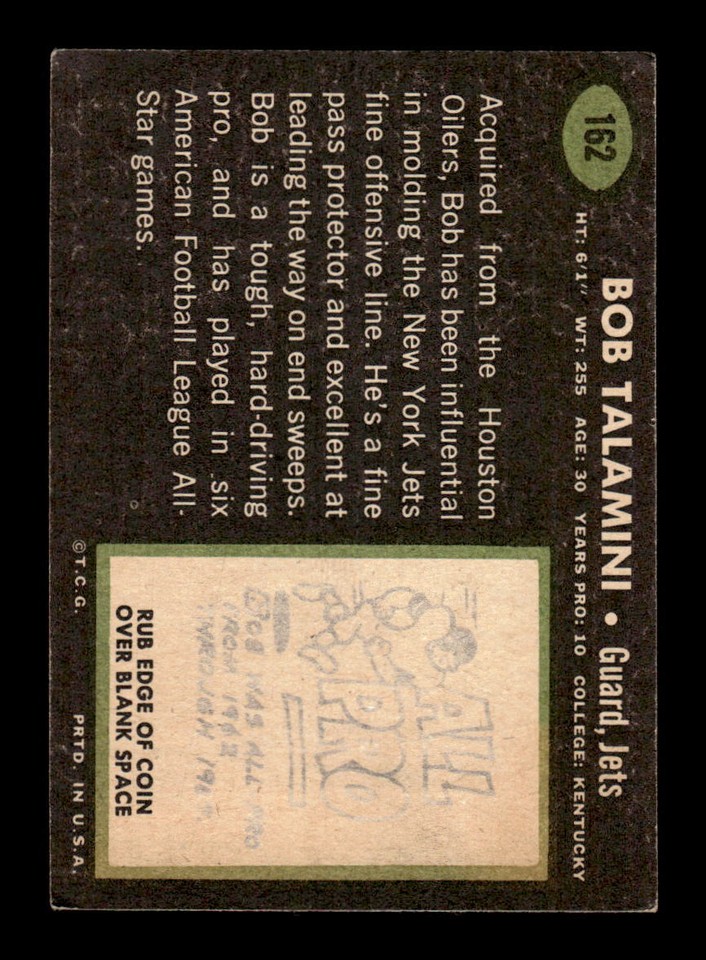 1969 Topps Football #162 Bob Talamini New York Jets | eBay