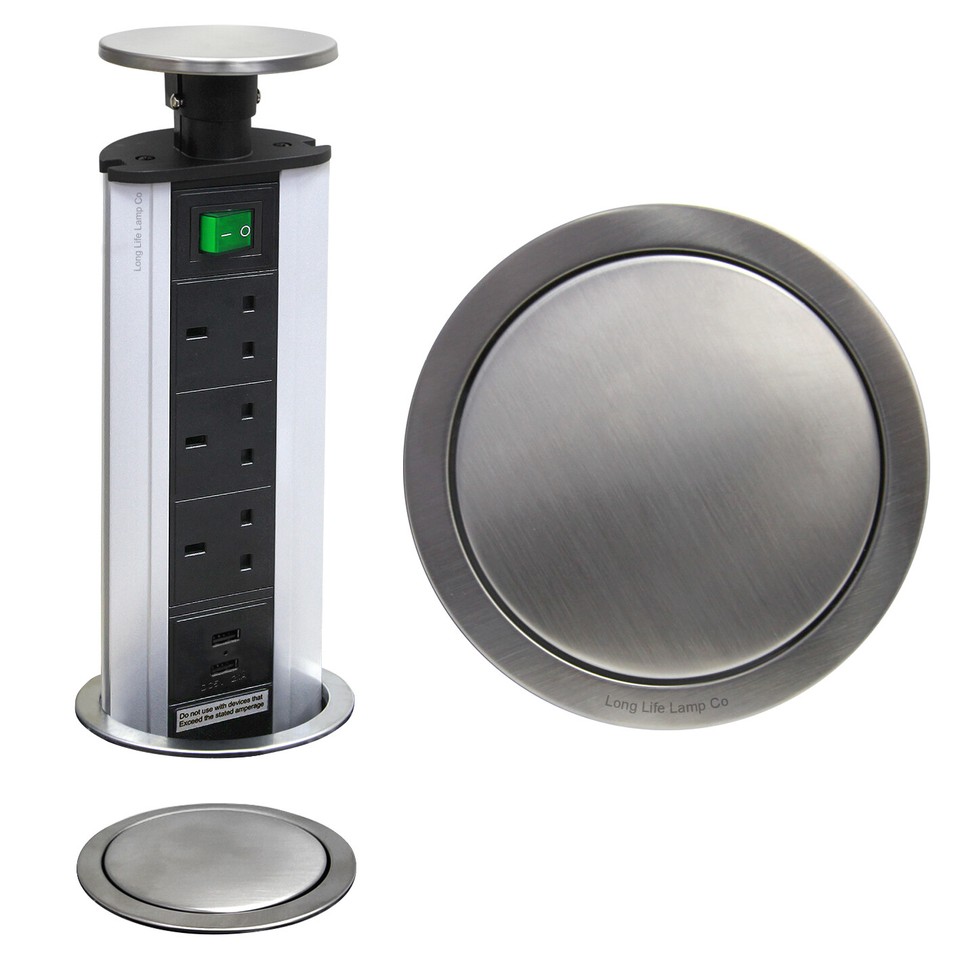 POP UP Power Tower 3 Socket 2 USB with Safety Switch Silver/Stainless ...