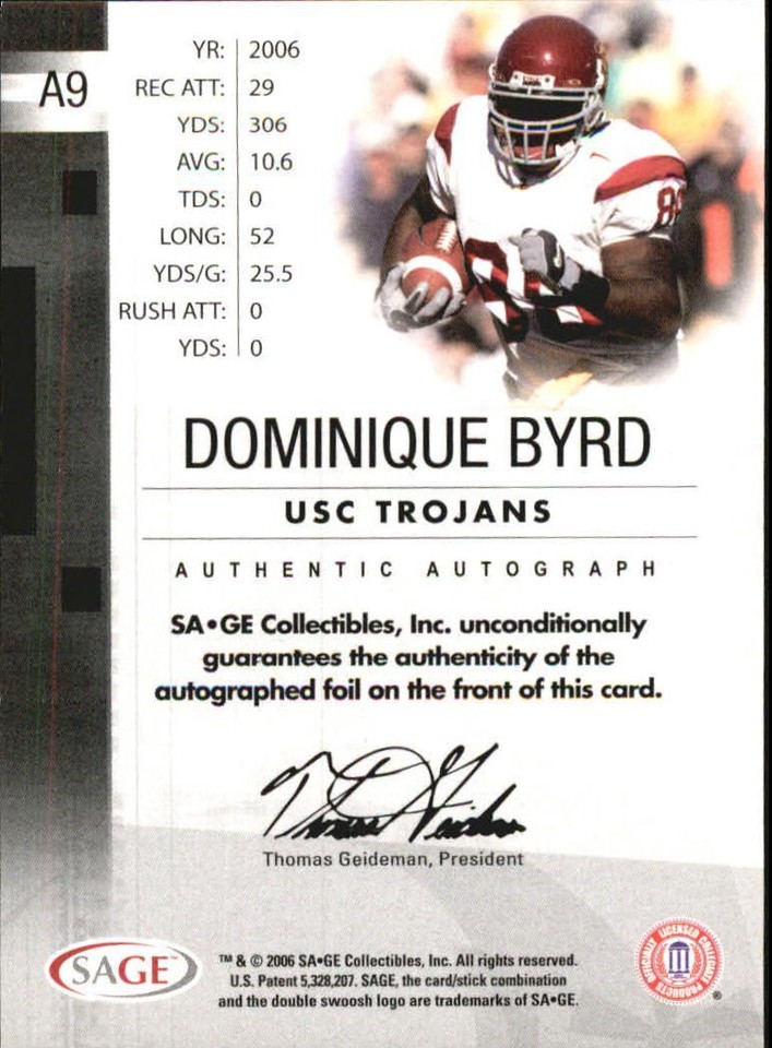 2006 SAGE Autographs Bronze #A9 Dominique Byrd/650 - NM-MT | eBay
