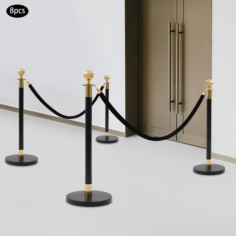 8PCS Stainless Stanchion Posts w/ 4 Ropes Golden Top Crowd Control ...