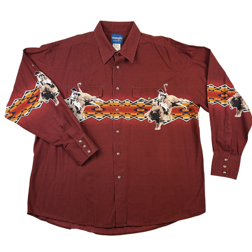 Vintage Wrangler Shirt Mens 2XL Western Aztec Cowboy Rodeo Pearl Snap ...