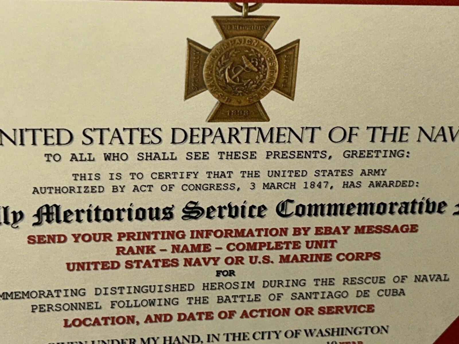 SPECIALLY MERITORIOUS SERVICE COMMEMORATIVE MEDAL CERTIFICATE ~ W ...