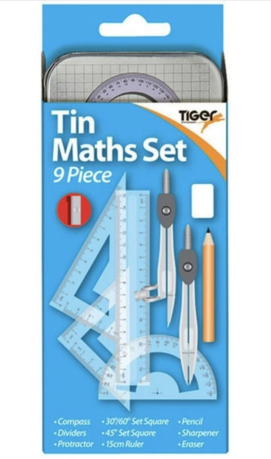 9 Piece Tiger Stationery Tin Maths Set Geometry Exam Back To School ...