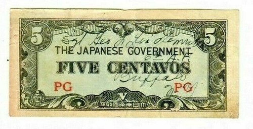 WWII "SHORT SNORTER" on a JAPANESE GOVERNMENT 5 CENTAVOS INVASION NOTE ...