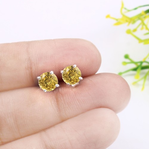 Flawless Ceylon Yellow Sapphire Round 925Sterling Silver Solitaire Stud ...
