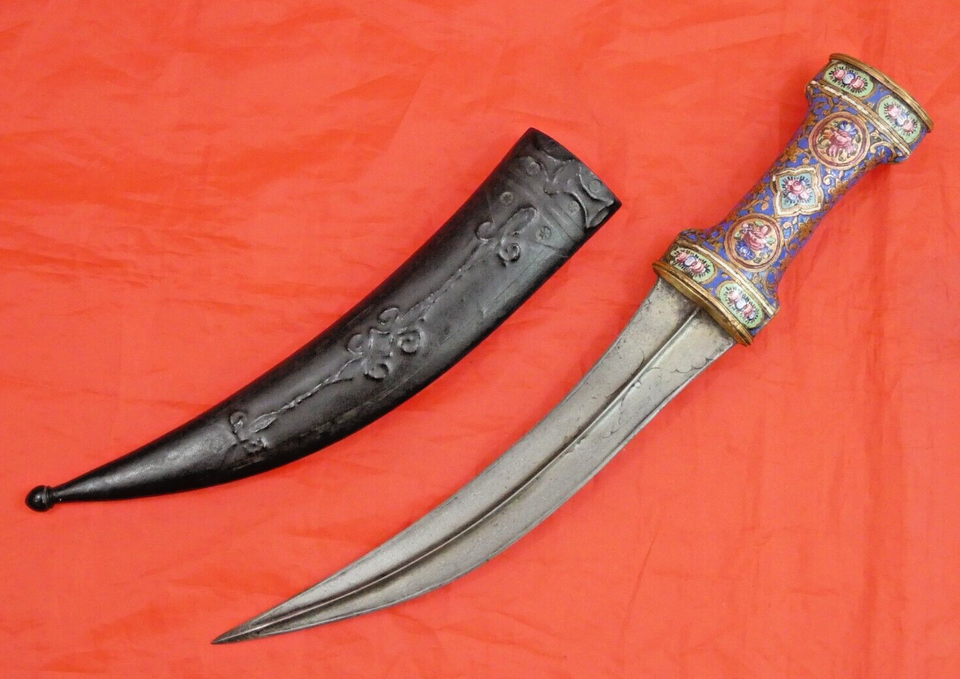 FINEST ANTIQUE PERSIAN ENAMEL KHANJAR DAGGER Damascus Wootz Steel SWORD ...