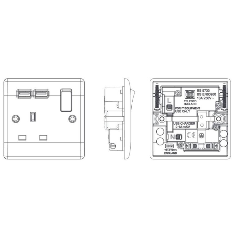 Single 1 Gang Wall Socket 13A With Twin USB Charger Port Plug Switched ...