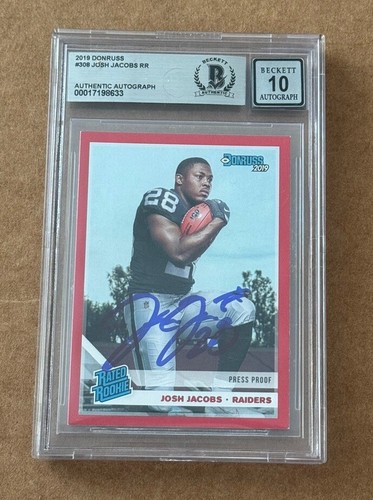 JOSH JACOBS SIGNED 2019 DONRUSS THE ROOKIES RED AUTO GRADE 10 BECKETT ...