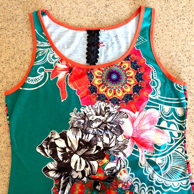 Smash! Tank Top Tunic Floral Appliqué Paisley Stripes Green Colorful ...
