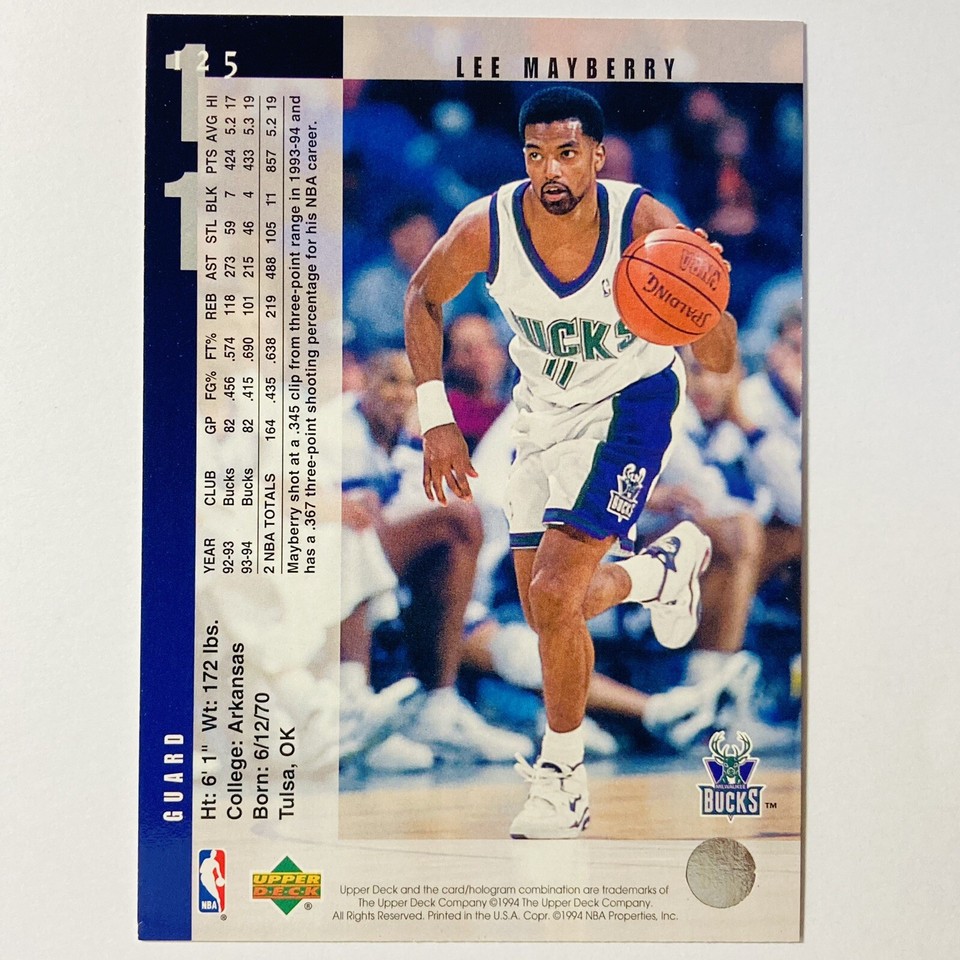 1994-95 Upper Deck Milwaukee Bucks Basketball Card #125 Lee Mayberry ...