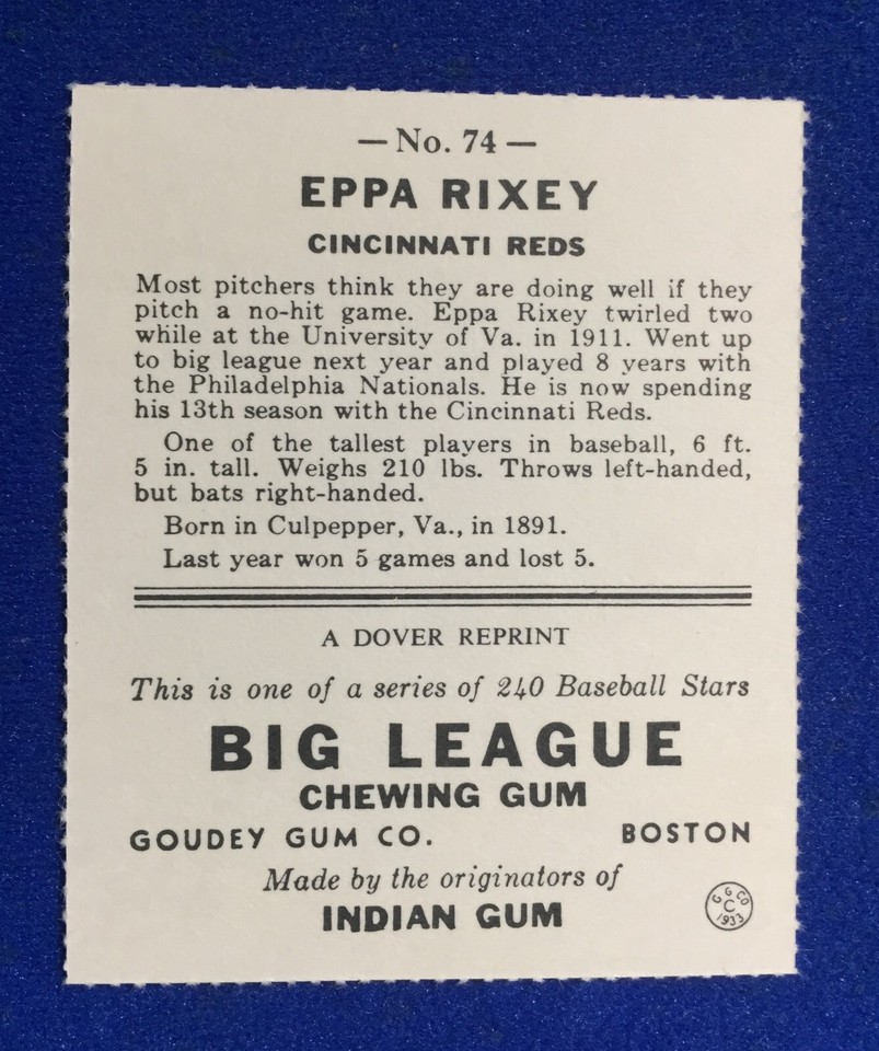 1933 Goudey Eppa Rixey Baseball Card #74 Cinci Reds HOF -Vintage 1978 ...