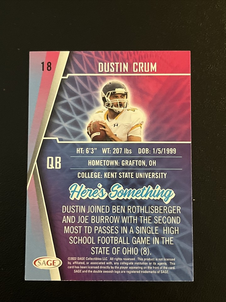 Dustin Crum Kent State Golden Flashes 2022 Sage Football Trading FB ...