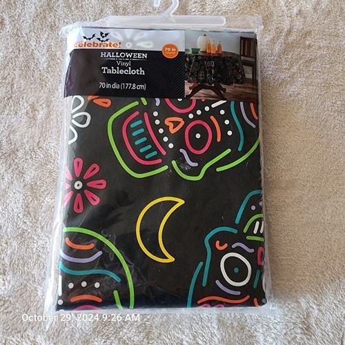 Halloween Peva Tablecloth 70" Round Sugar Skulls Flowers Black w Bright ...