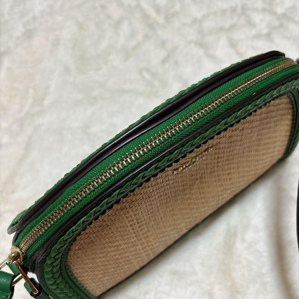 Kate Spade Green Straw Crossbody Bag Leather Bicolor Round Purse Strap ...