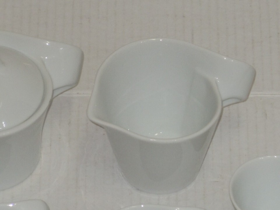 STOKES PORCELAIN WHITE CURVED HANDLE ESPRESSO CUPS SUGAR BOWL CREAMER ...