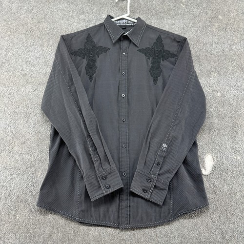 VINTAGE Roar Buckle Shirt Mens L Black Embroidered Cross Emo Goth ...