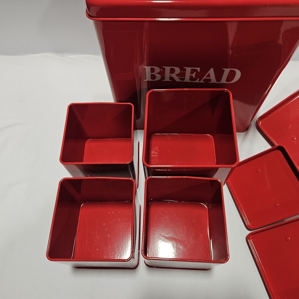 Set Of 5 Kitchen Canisters Red Metal Tin Farmhouse | eBay