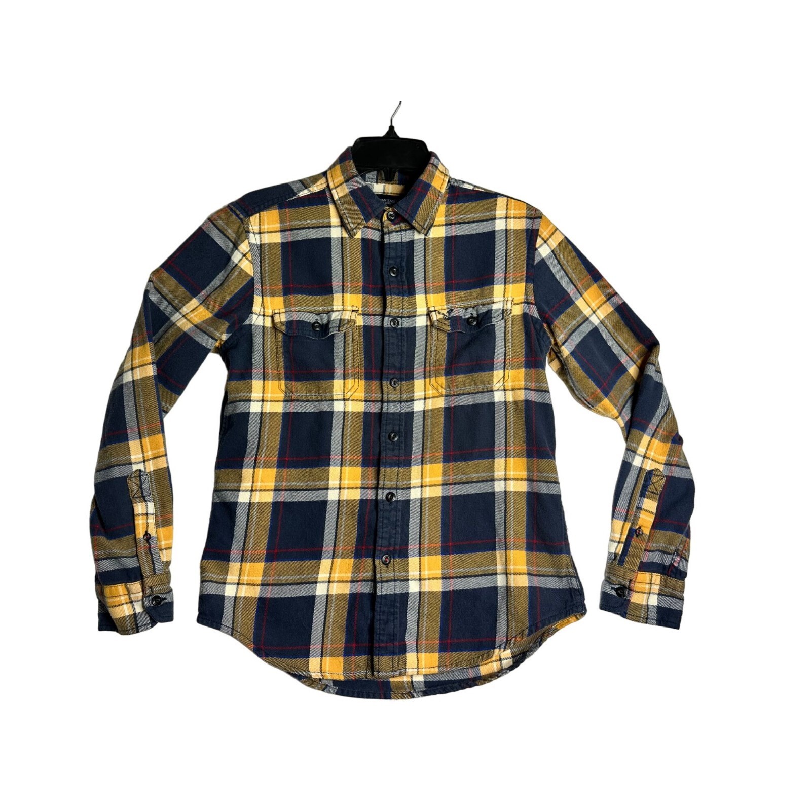 American Eagle Athletic Fit Blue Yellow Plaid Flannel Shirt Mens Small ...