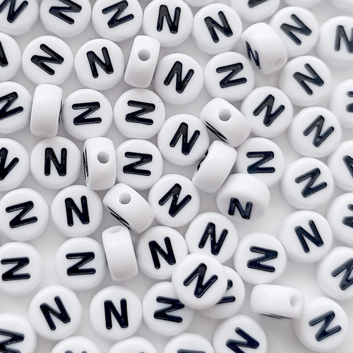 100PCS Letter Beads White round Acrylic Alphabet Beads Letter N Beads ...