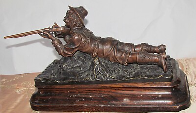 antique vintage bronze sculpture of very detailed hunter w/rifle oak ...