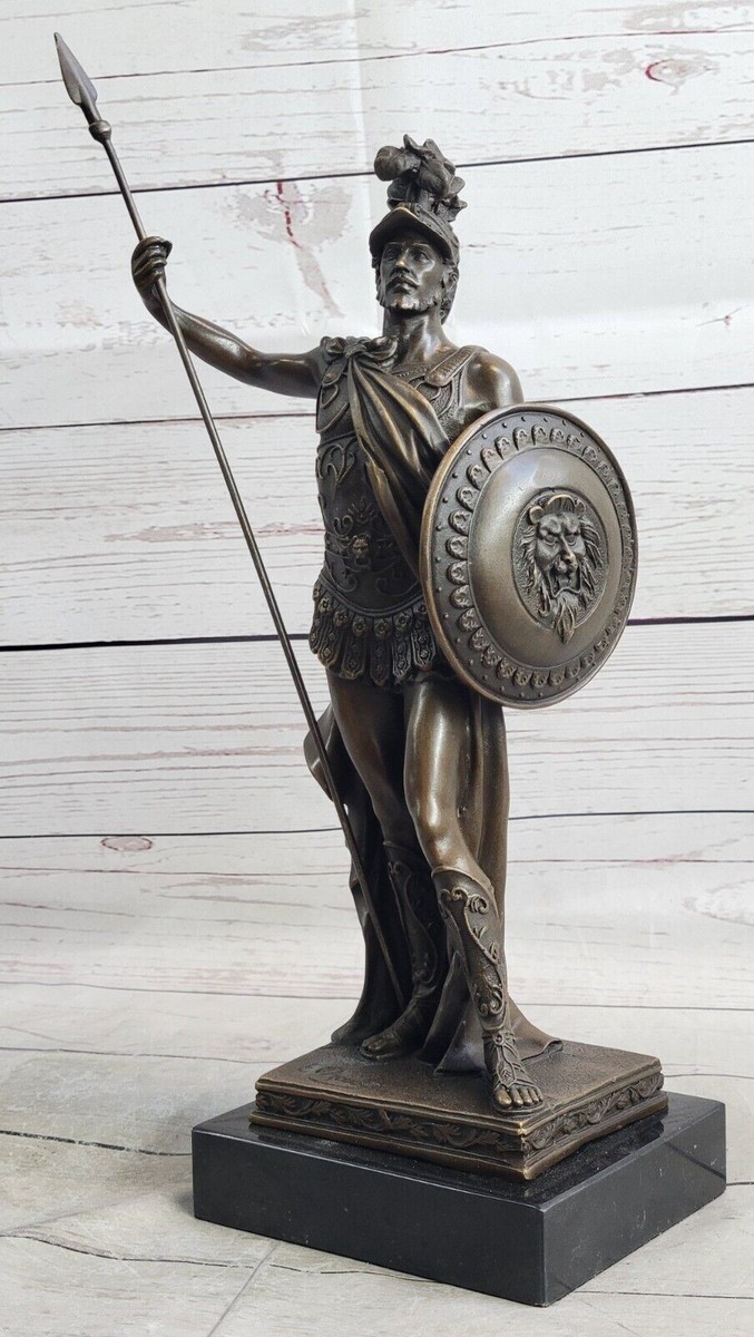 Roman Soldier With Javelin And Shield Sculpture Faux Bronze
