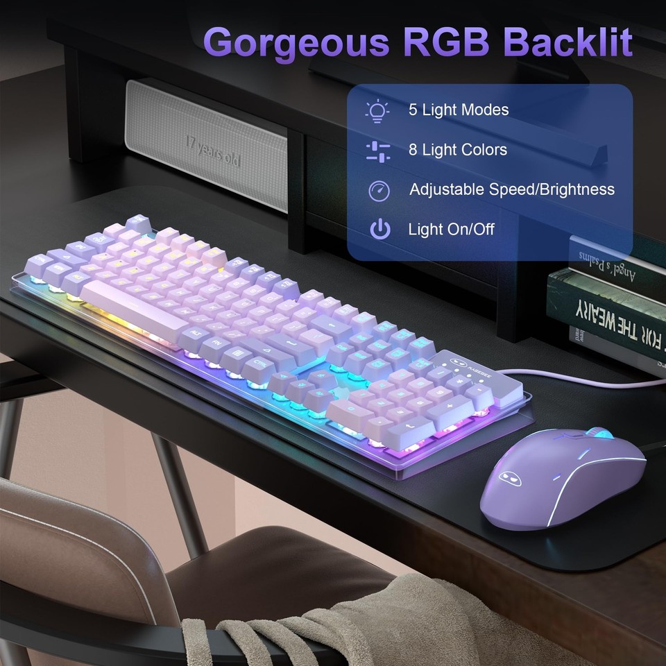 Gaming Keyboard and Combo, K1 RGB LED Backlit Wired Keyboard with 104 ...
