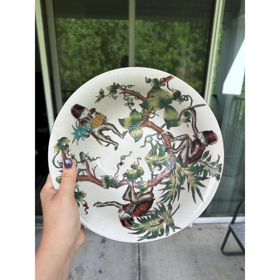 Vintage Japanese Satsuma Style Monkey Bowl Hand Painted Moriage Pottery ...