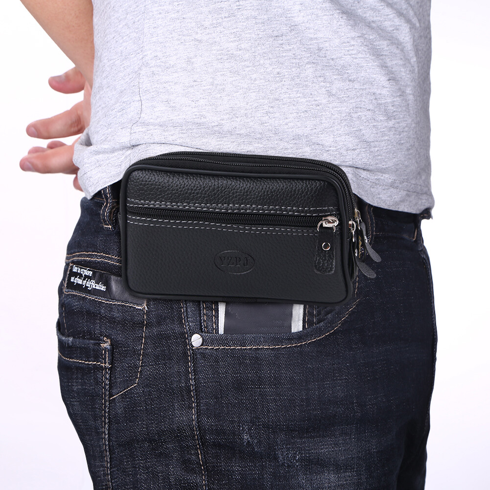 Men PU Leather Phone Bags Solid Color Waist Pack Zipper Fanny Pack ...