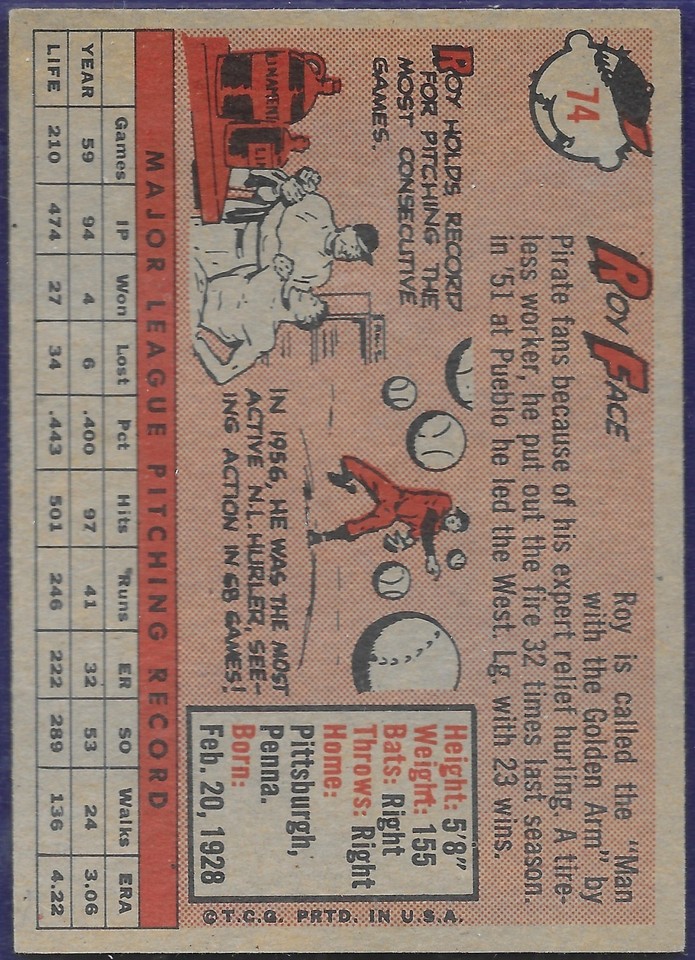 1958 Topps BASEBALL, 74, Roy Face, NM-MT--AWESOME! | eBay