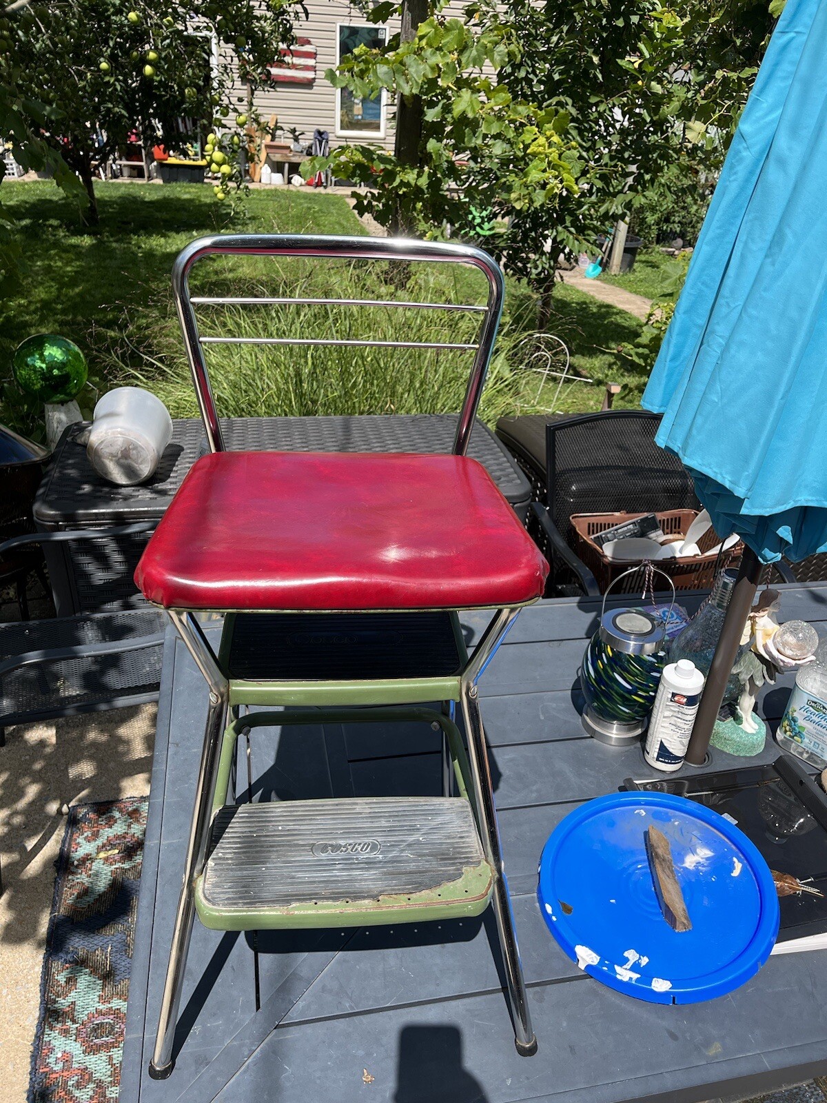 Vintage Cosco Kitchen Metal Step Stool Chair Red Flip Up Seat chrome ...