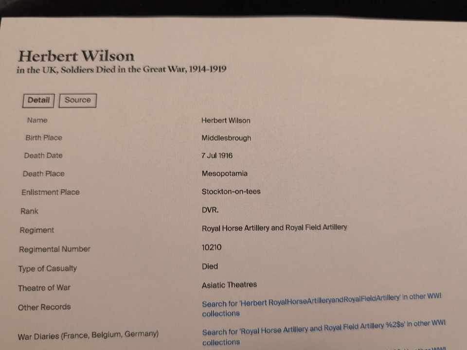 WW1 Medal Casualty Herbert Wilson, Middlesbrough, 10210 Royal Field ...
