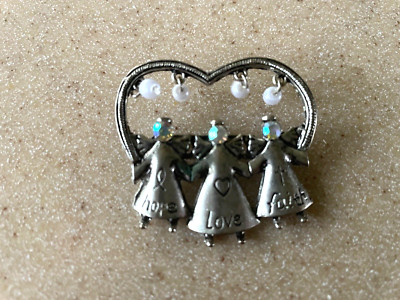 Faith Hope Love Angel Heart Pin Silvertone Rhinestone Faux Pearl 1.5 ...