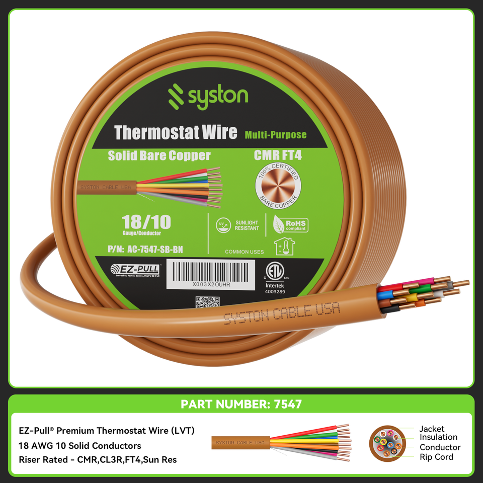 Syston 18/10 Thermostat HVAC Control Cable Wire 18 AWG 10 Conductors ...