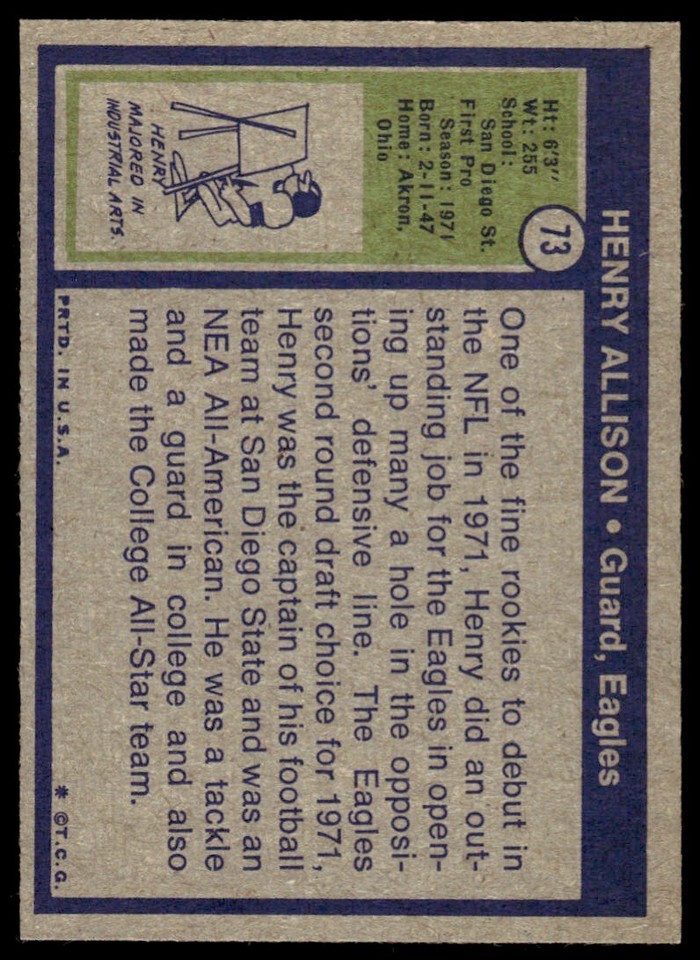 1972 Topps Henry Allison RC Philadelphia Eagles #73 @ | eBay