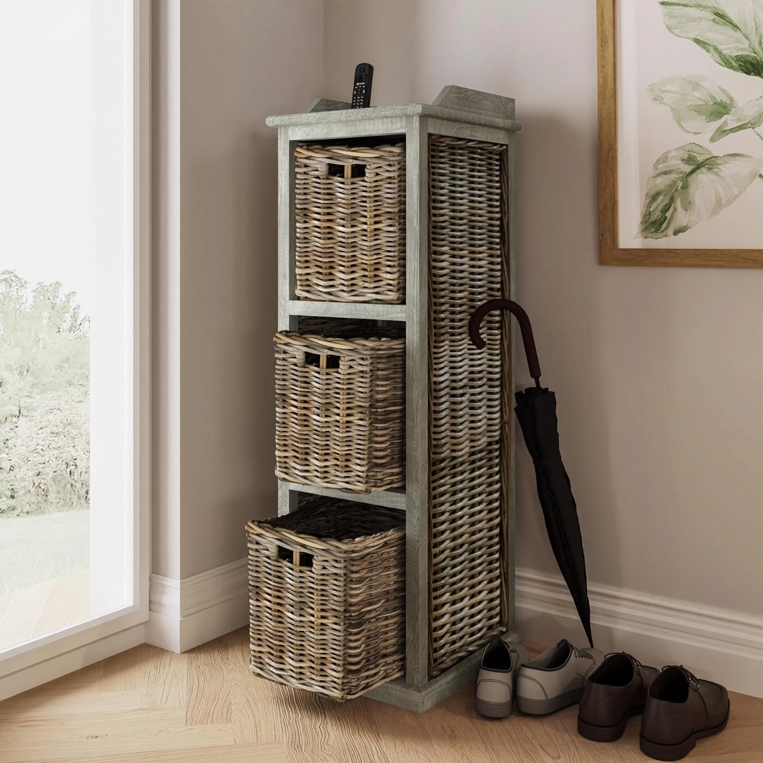 FWStyle Ready Assembled 3 Drawer Storage Unit Tall Solid Greywash Pine